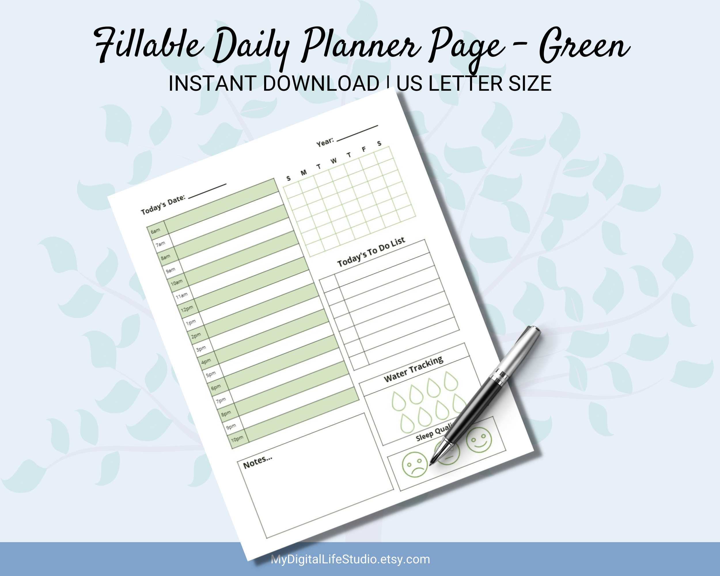 Fillable Daily Planner Green | Printable | Digital Download | Editable ...
