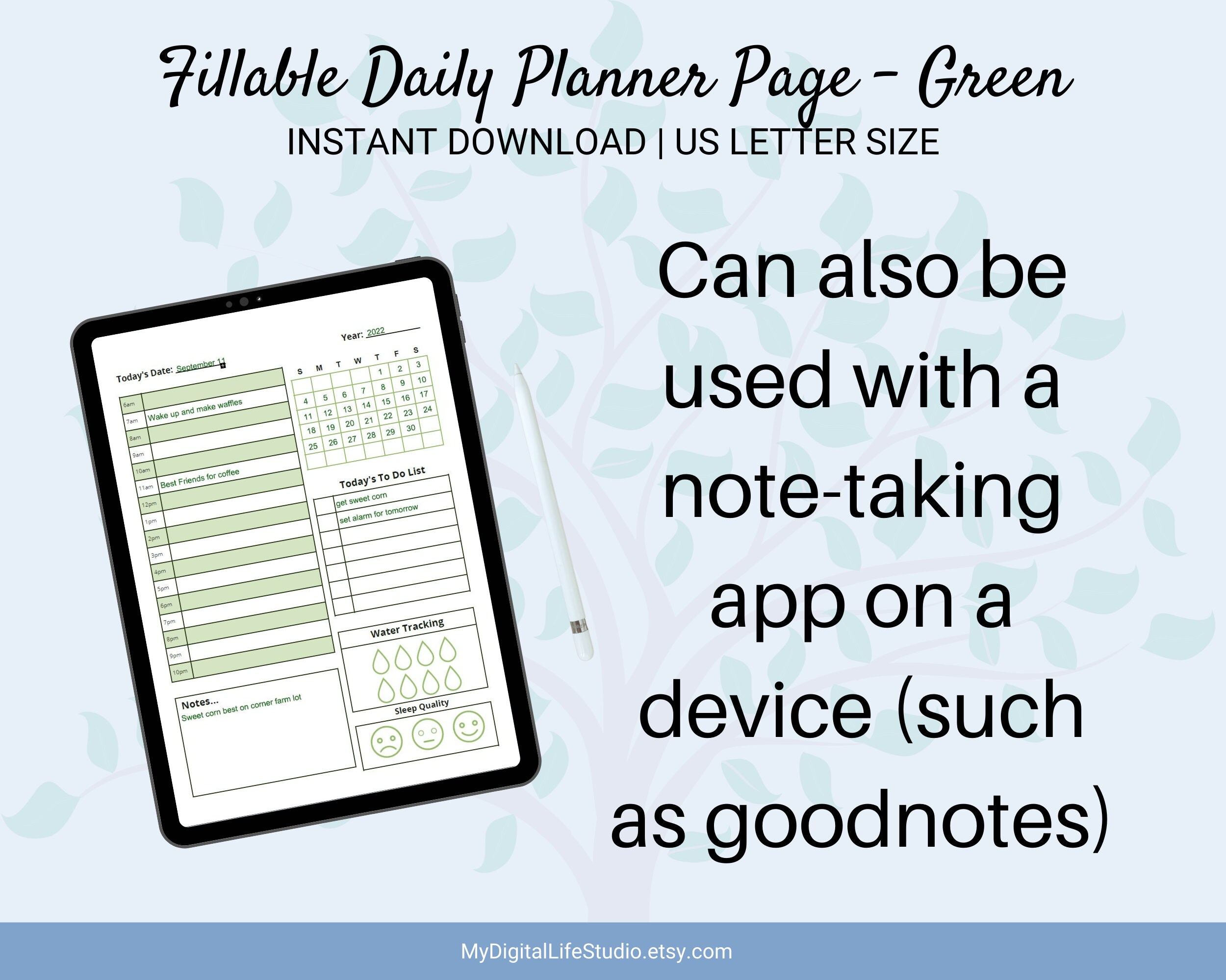 Fillable Daily Planner Green | Printable | Digital Download | Editable ...