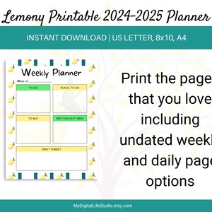 Printable Lemon Themed 2024 and 2025 Planner | Dated | Weekly | Monthly ...