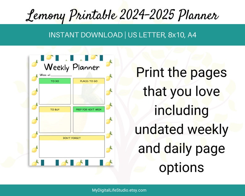 Printable Lemon Themed 2024 and 2025 Planner | Dated | Weekly | Monthly ...