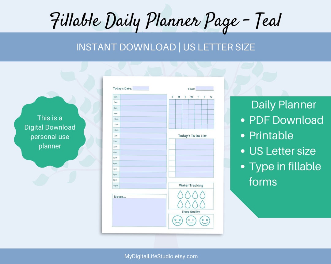 Fillable Daily Planner Teal | Printable | Digital Download | Editable ...