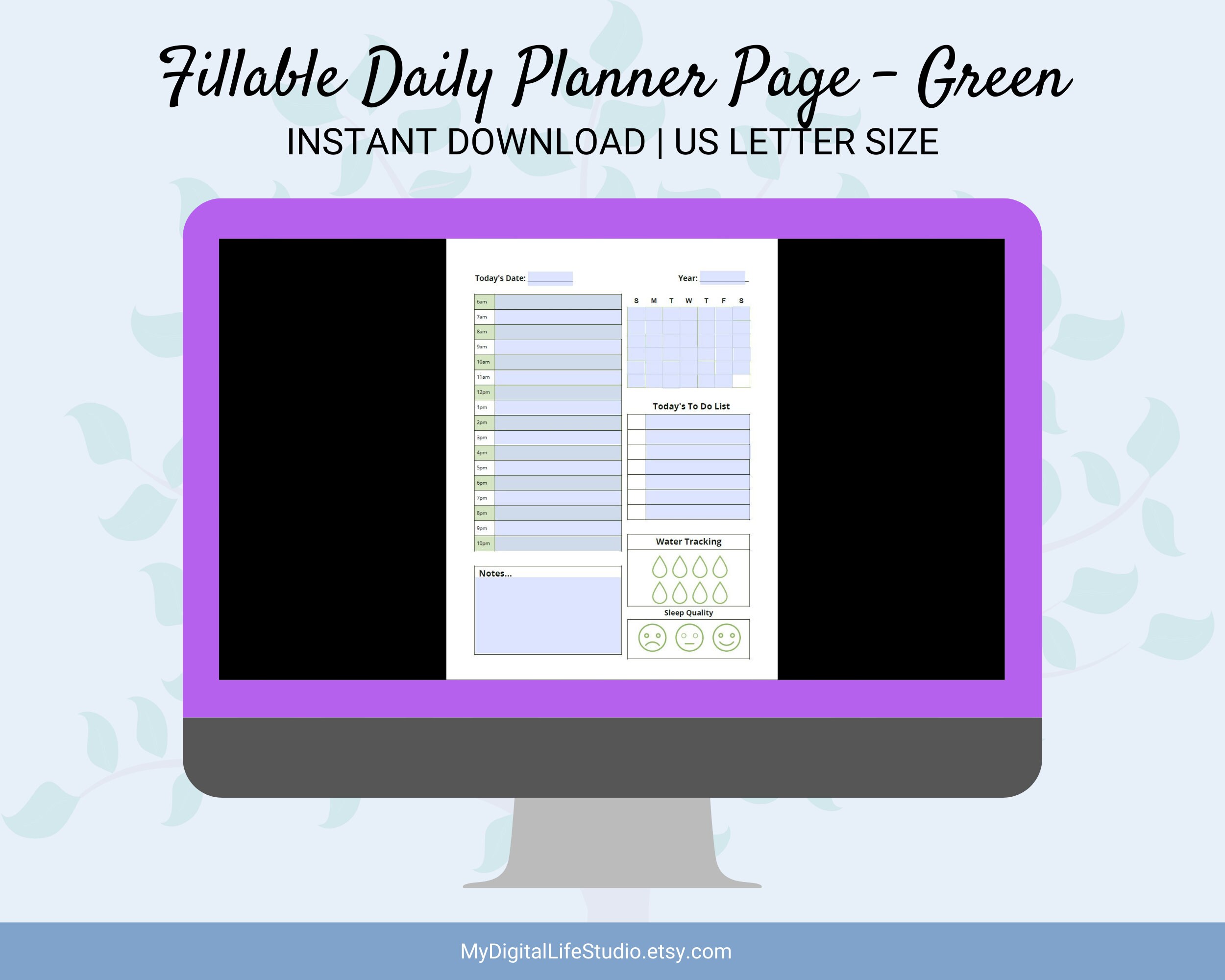 Fillable Daily Planner Green | Printable | Digital Download | Editable ...