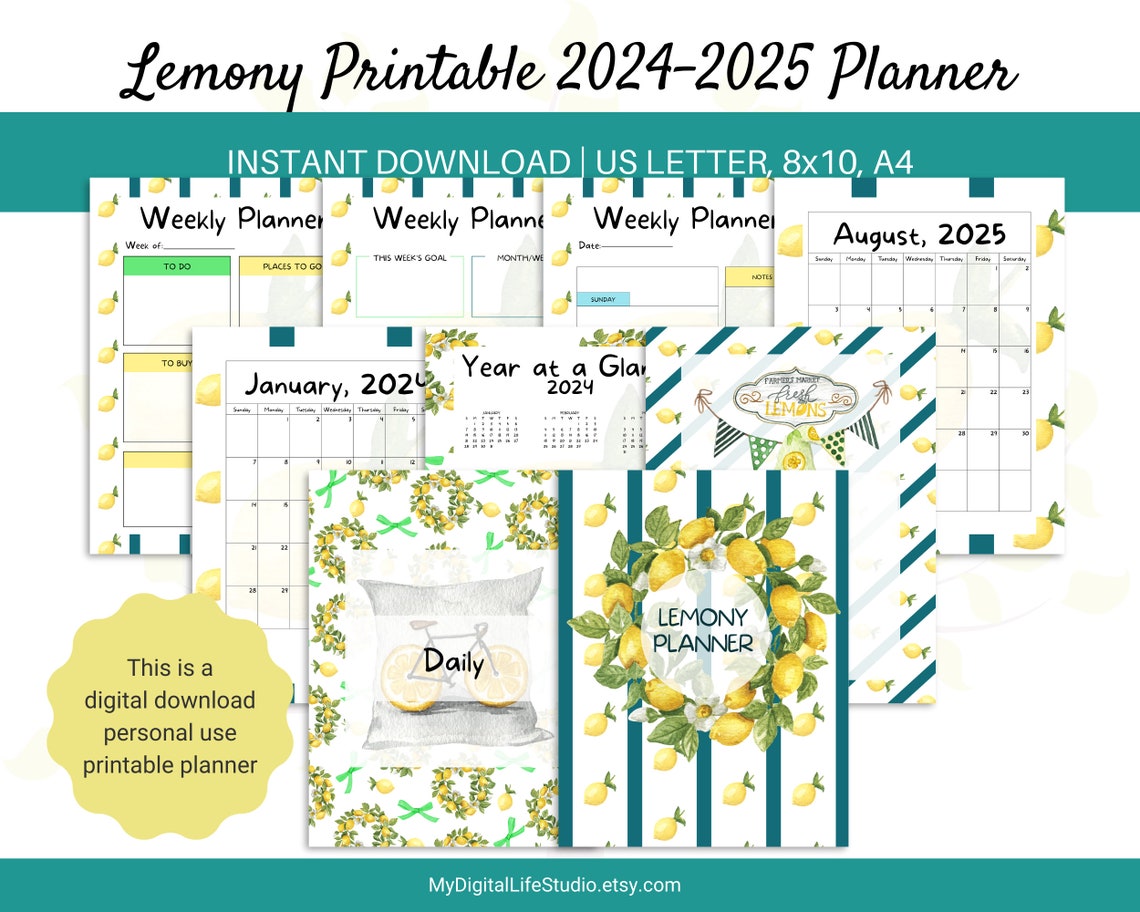 Printable Lemon Themed 2024 and 2025 Planner Dated Weekly - Etsy