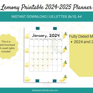 Printable Lemon Themed 2024 and 2025 Planner | Dated | Weekly | Monthly ...