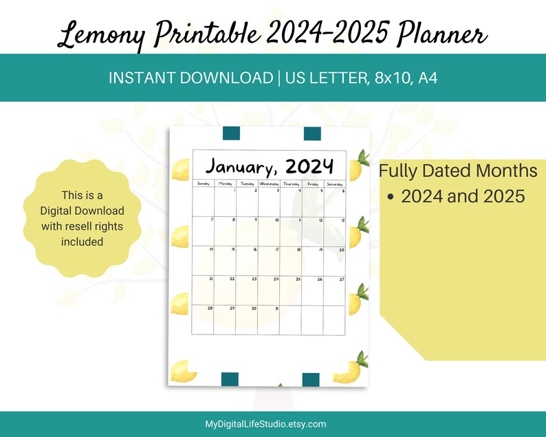 Printable Lemon Themed 2024 and 2025 Planner | Dated | Weekly | Monthly ...