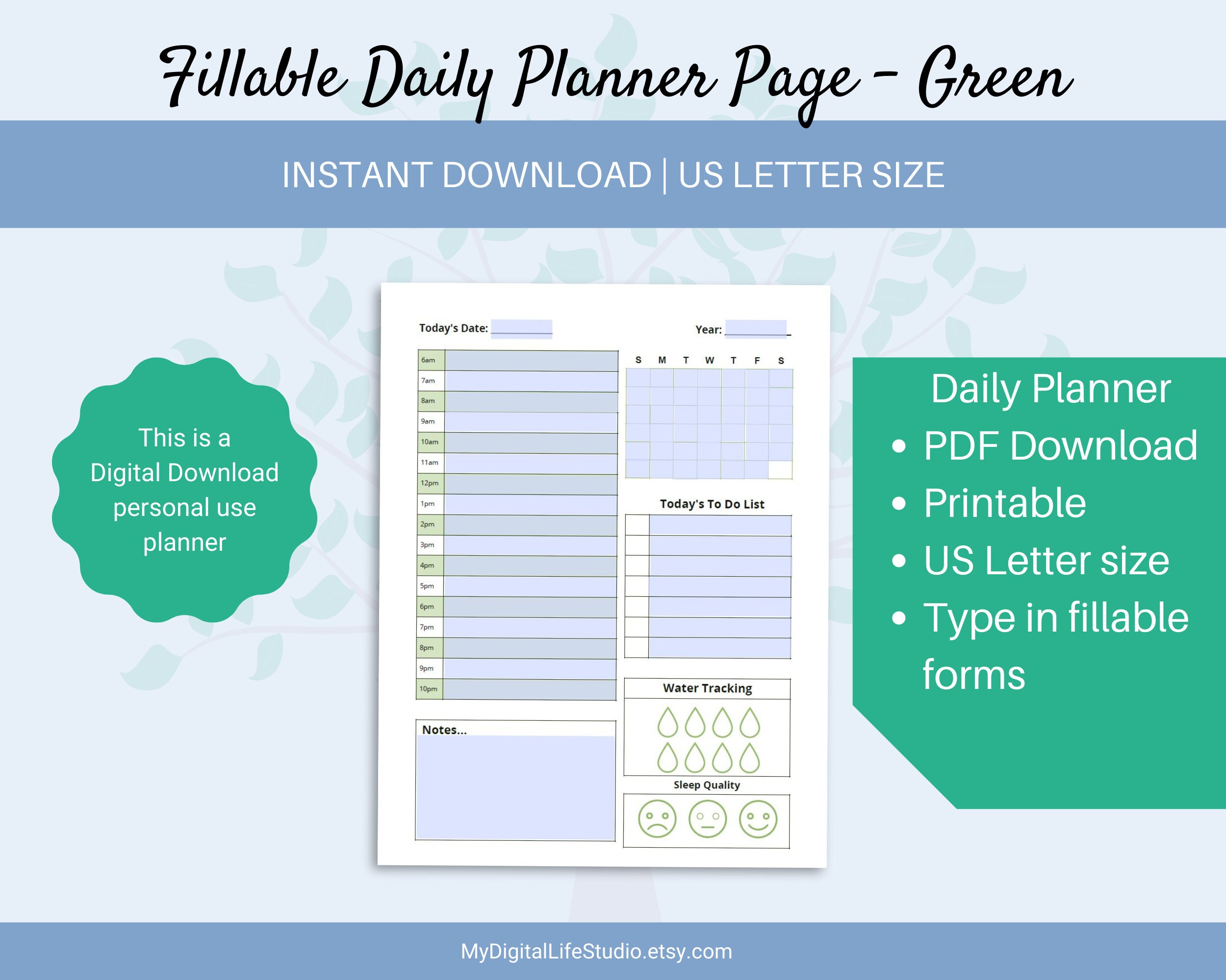 Fillable Daily Planner Green Printable Digital Download - Etsy Australia