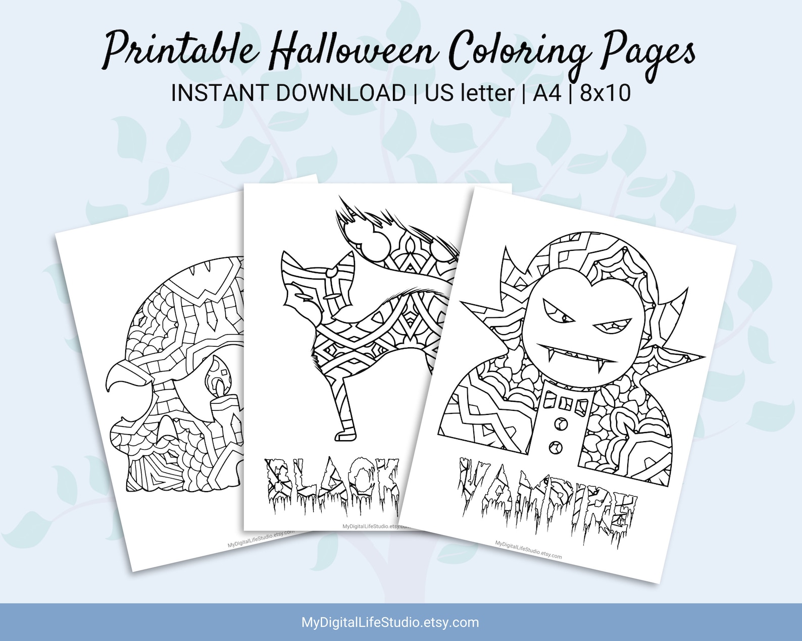 Printable Halloween Coloring Pages | Witch | Pumpkin | Black Cat | Bats ...