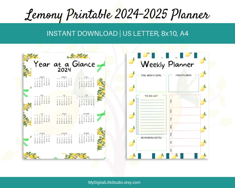 Printable Lemon Themed 2024 and 2025 Planner | Dated | Weekly | Monthly ...