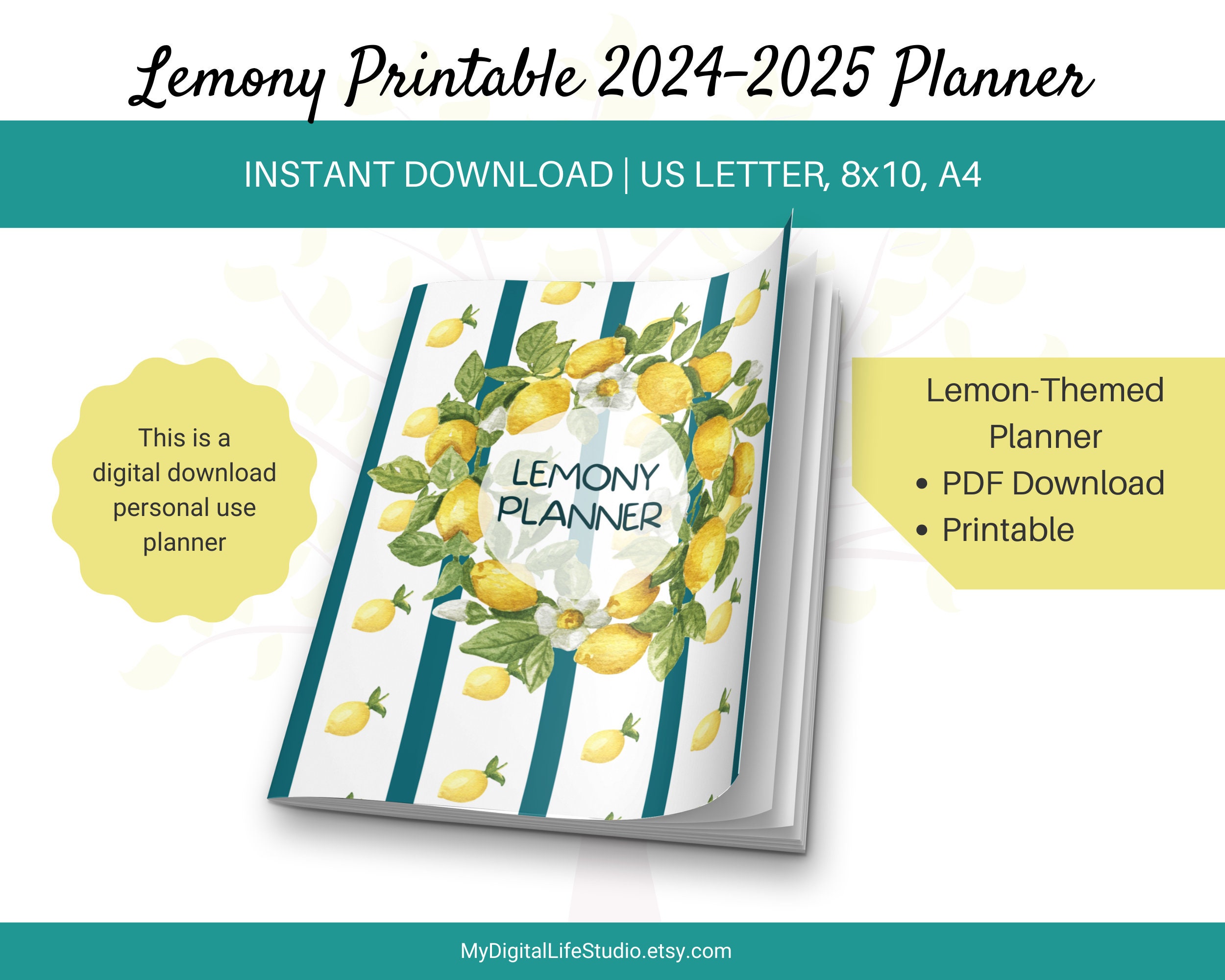 Printable Lemon Themed 2024 and 2025 Planner | Dated | Weekly | Monthly ...