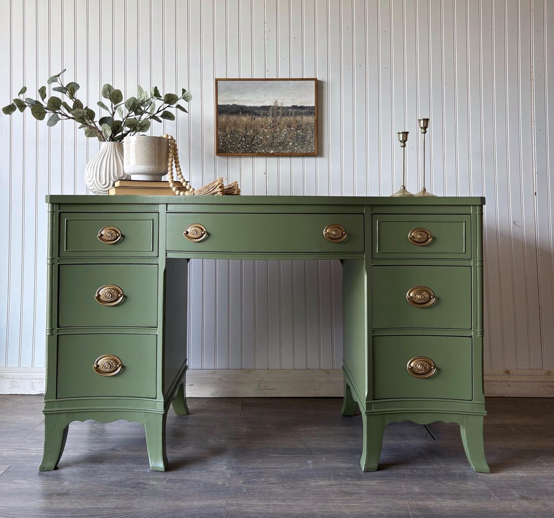 Hepplewhite 7 Drawer Desk Solid Wood Mahogany Olive Green Painted ...