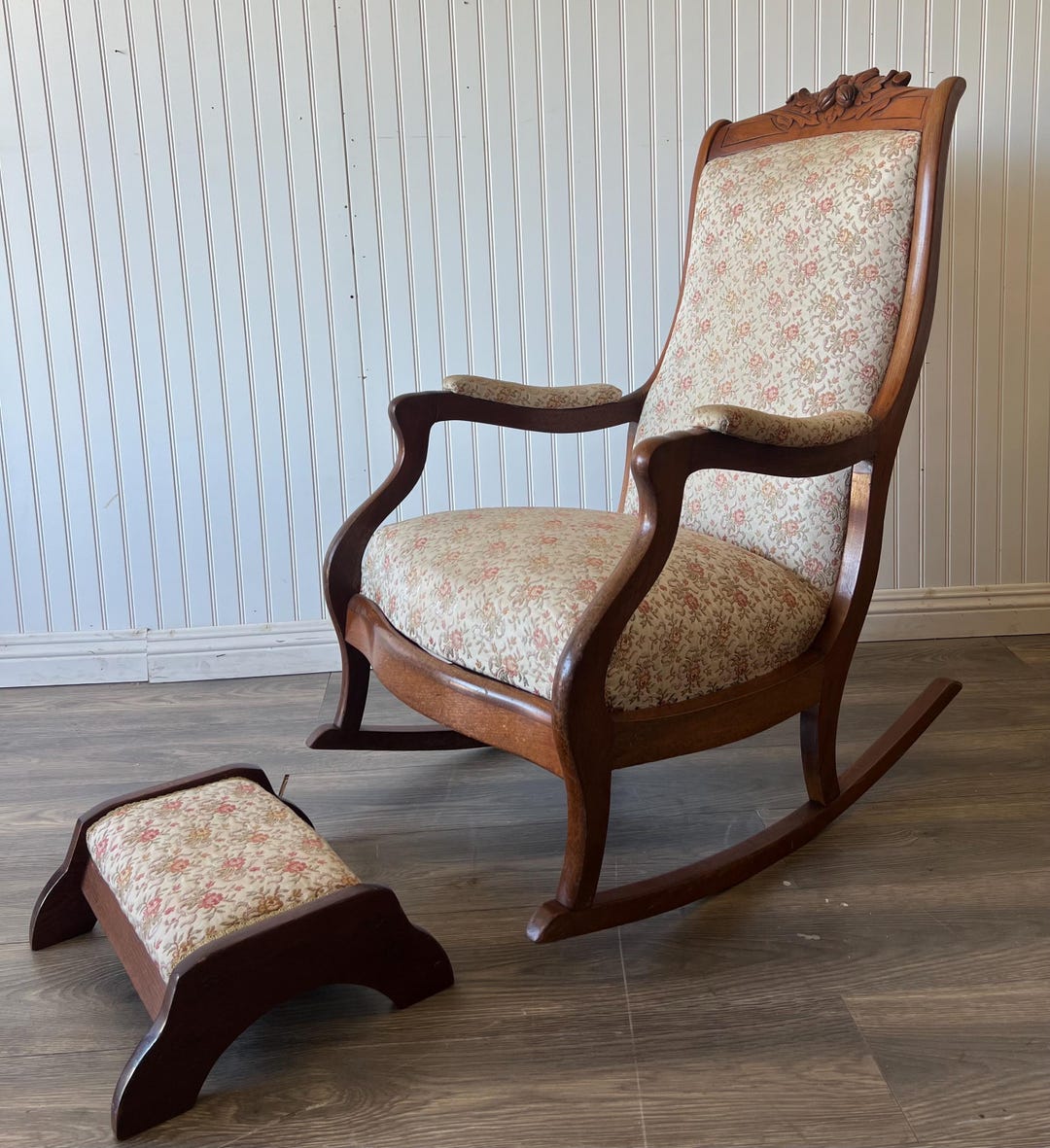 SOLD • Antique Victorian Upholstered Floral Rocking Chair and Foot Rest ...