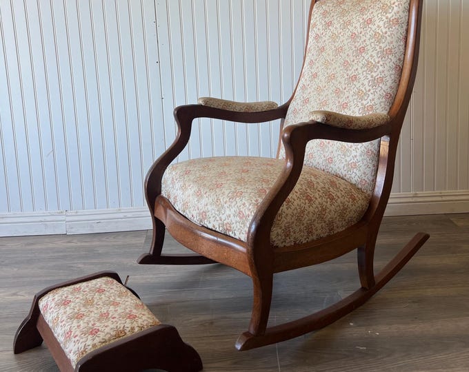 SOLD • Antique Victorian Upholstered Floral Rocking Chair and Foot Rest ...