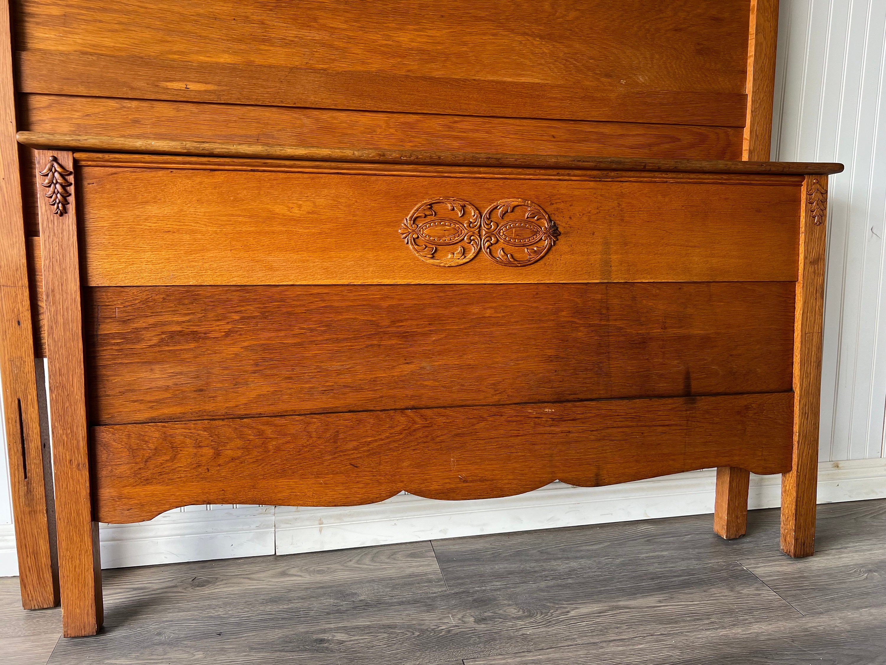 Antique Solid Wood Oak Full Size Bed Frame Headboard Footboard & Side ...