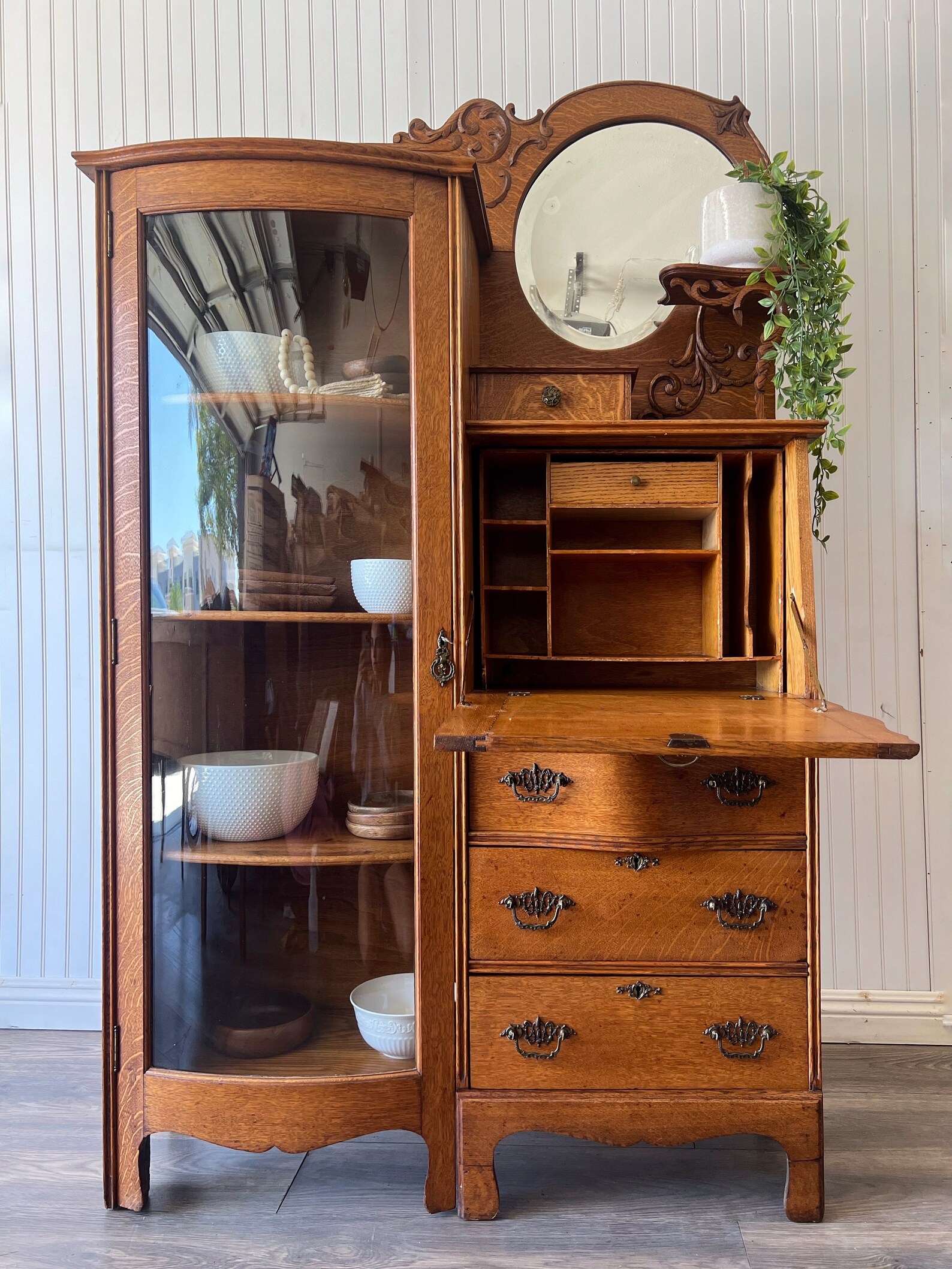 SOLD Antique Solid Wood Oak Side by Side Cabinet Entryway Piece Curio ...