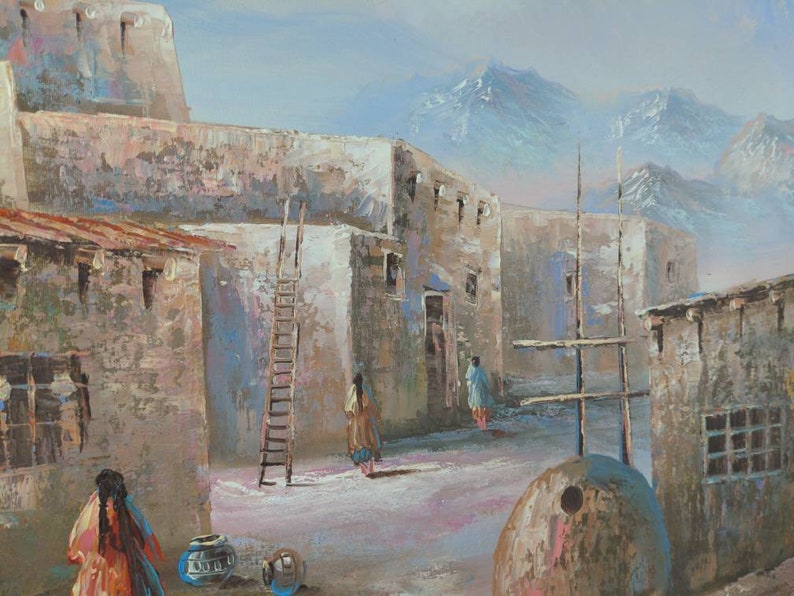 Original Oil Painting of Native American Pueblo and Women by J. Daniels ...