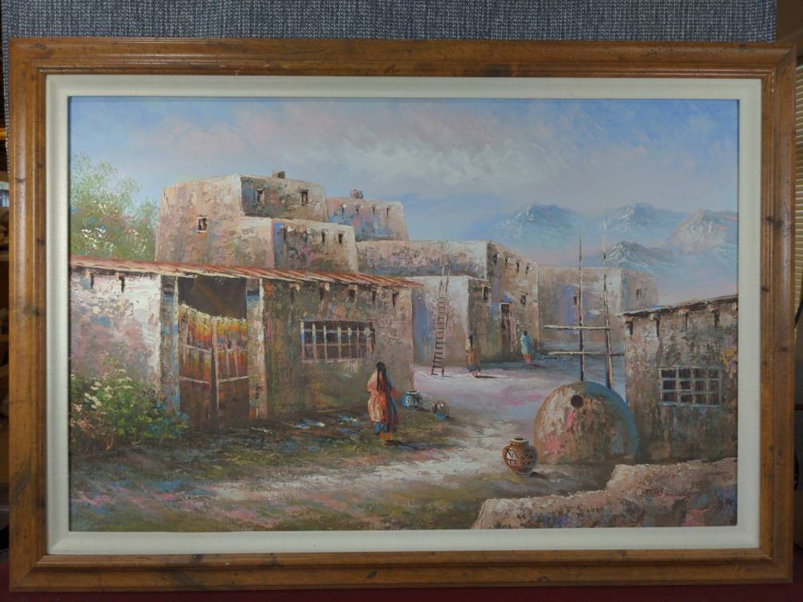 Original Oil Painting of Native American Pueblo and Women by J. Daniels ...