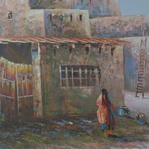 Original Oil Painting of Native American Pueblo and Women by J. Daniels ...