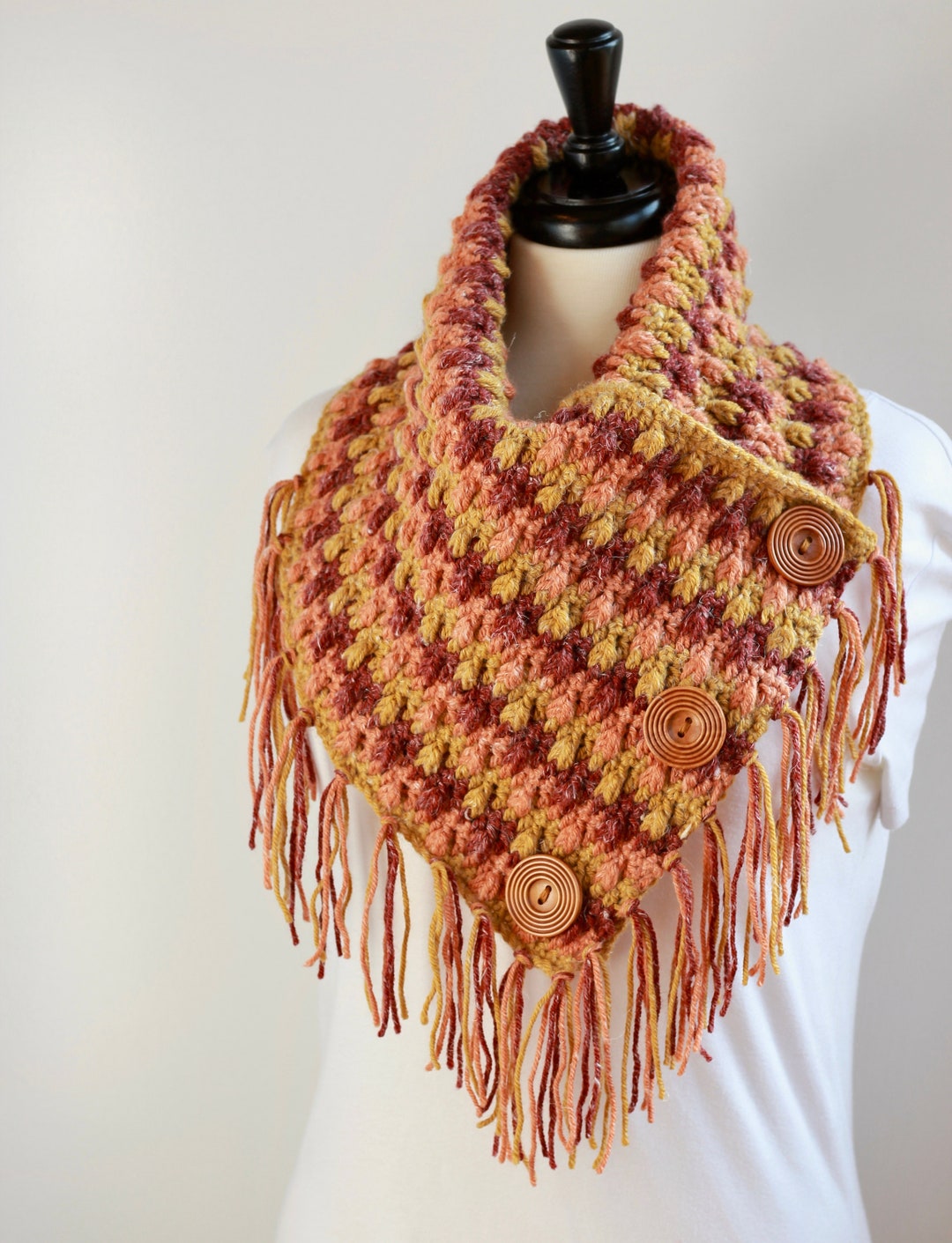 Crochet Button Cowl Pattern, Crochet Textured Buttoned Cowl With Fringe ...