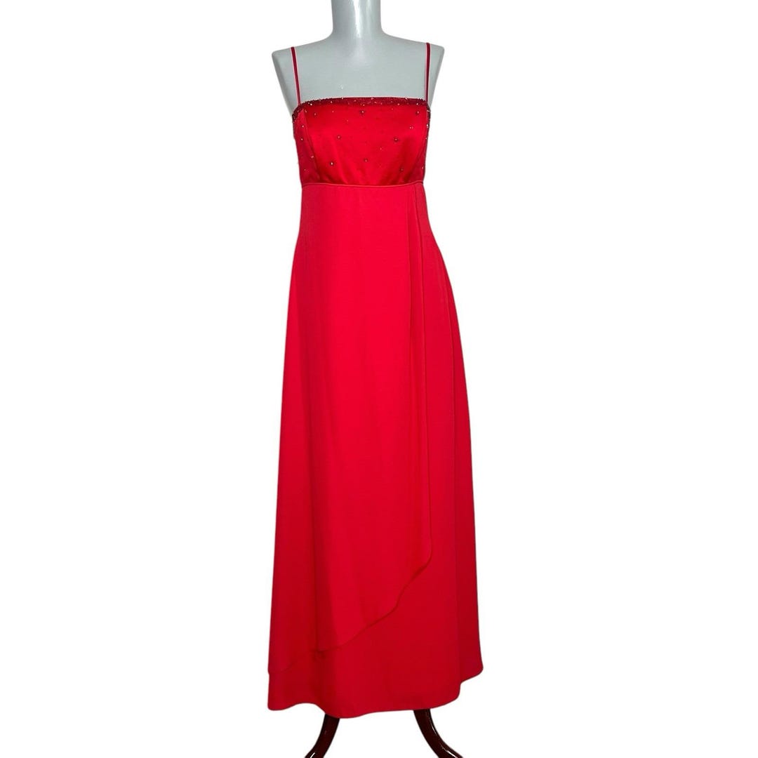 Vintage Alfred Angelo Red Satin Empire Waist Maxi Prom Formal Dress ...
