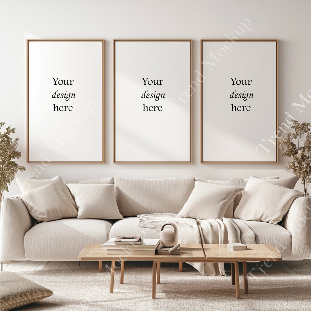 Three Wood Frames Mockup, Gallery Wall Mockup, 3 Vertical Wooden Frames ...