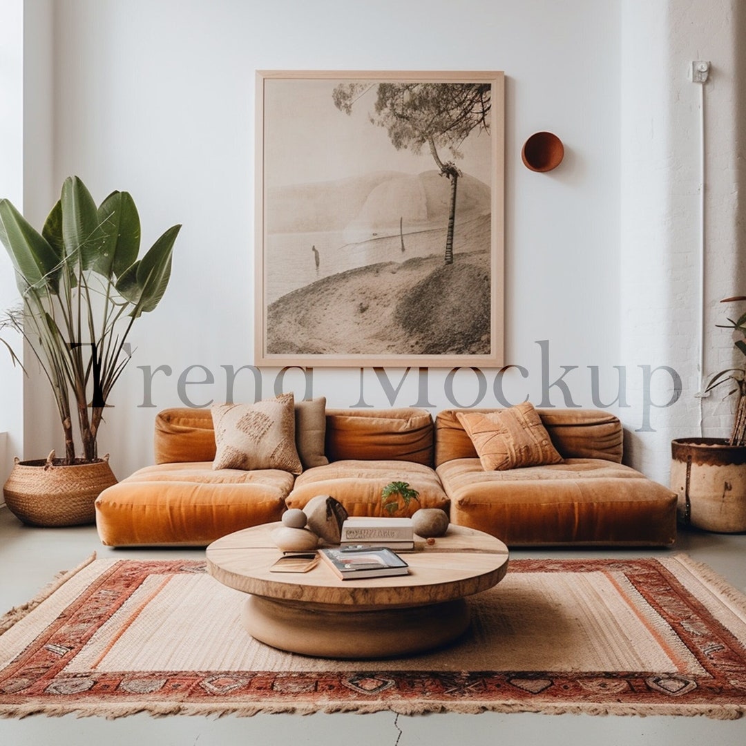 BOHEMIAN Living Room Mockup I Neutral Tones Mockup I Large Art Frames ...