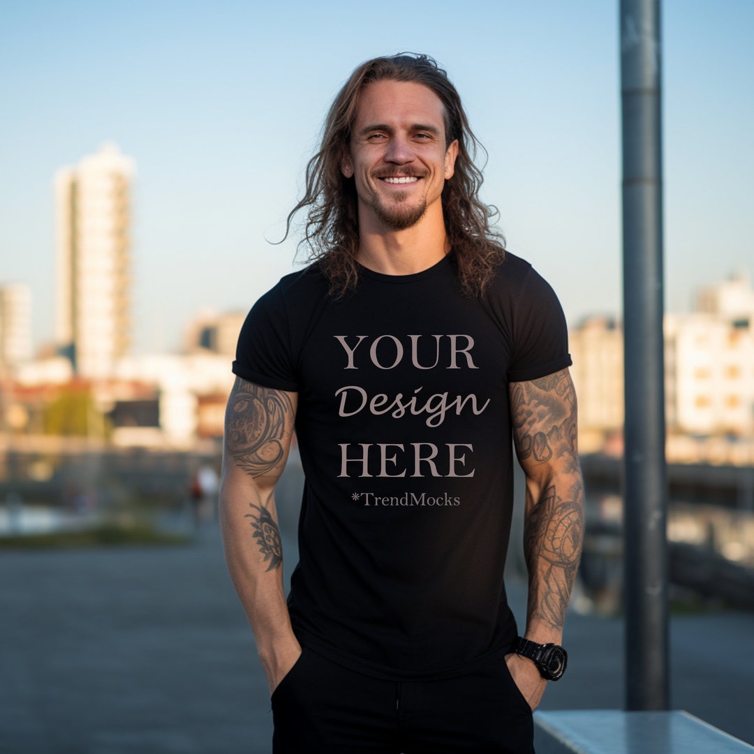 Bella Canvas 3001 Male Model Mockup, Tattooed Model Mockup, Black ...