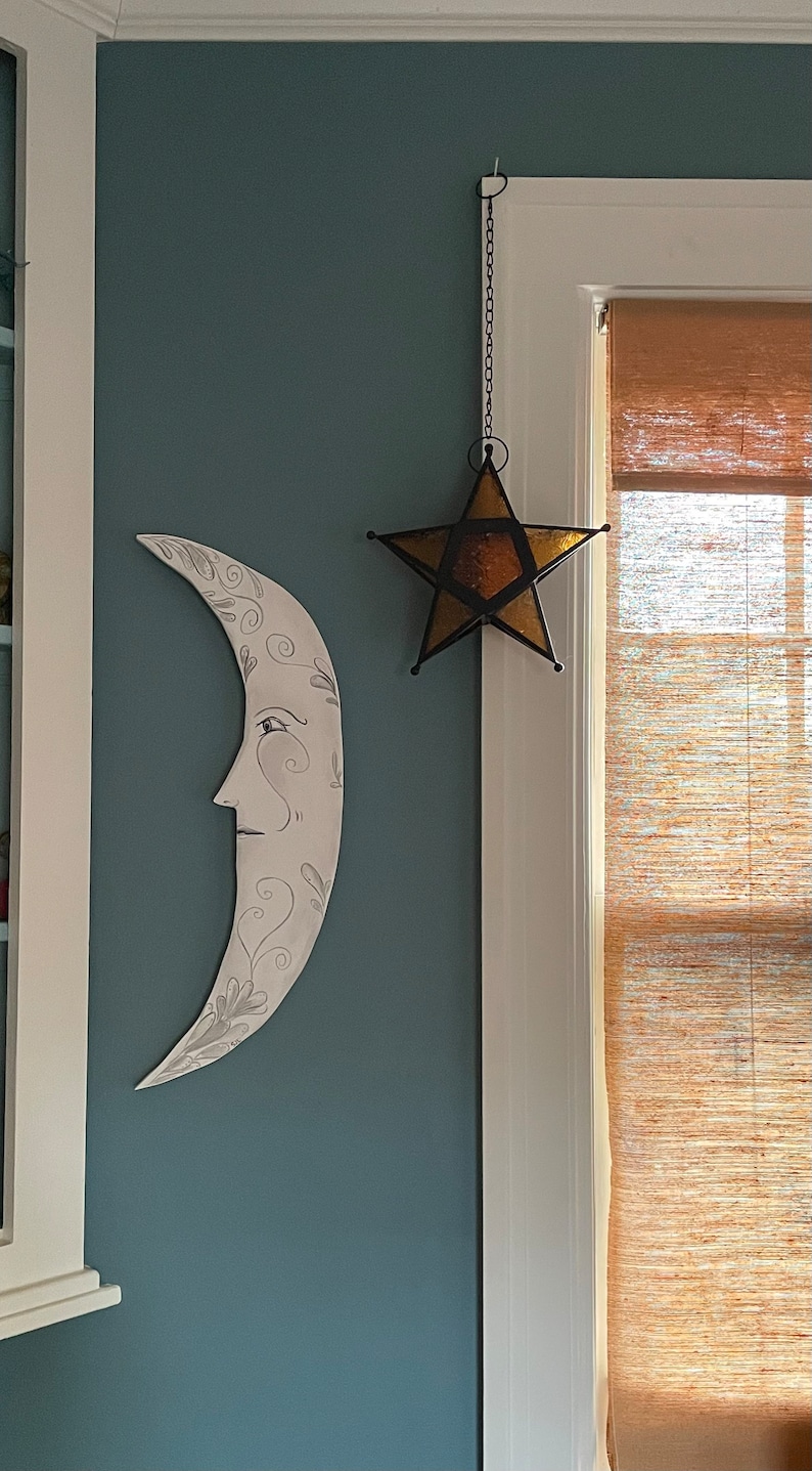 Crescent Moon Art, Hand Painted Moon, Moon Wall Hanging Whimsical Moon ...
