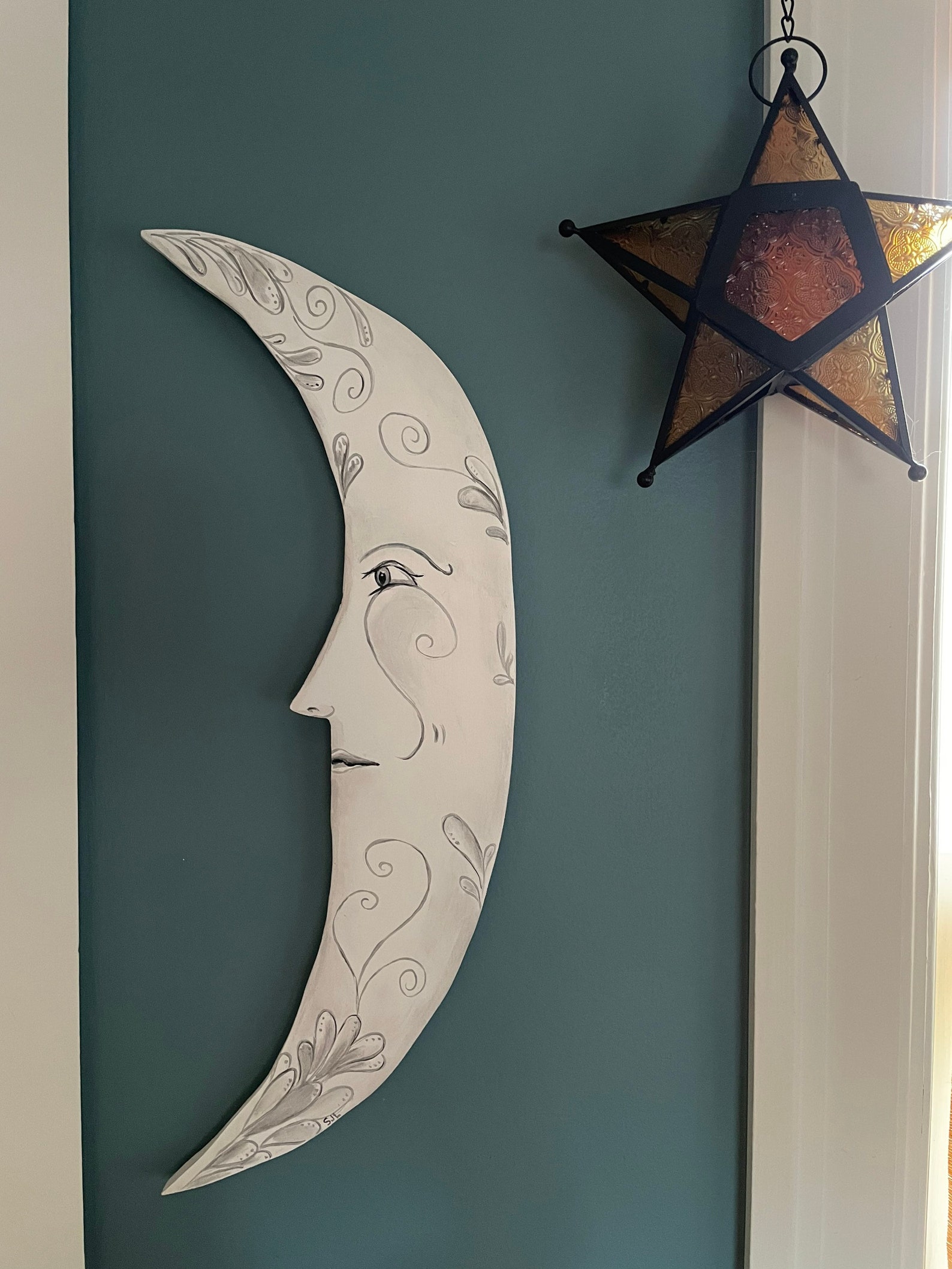 Crescent Moon Art, Hand Painted Moon, Moon Wall Hanging Whimsical Moon ...
