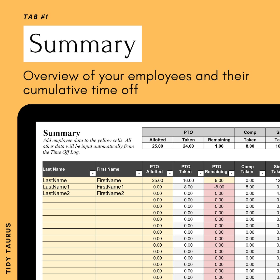 Time off Tracker 2024 for EXCEL PTO, Vacation, Comp Time, Sick Time for ...