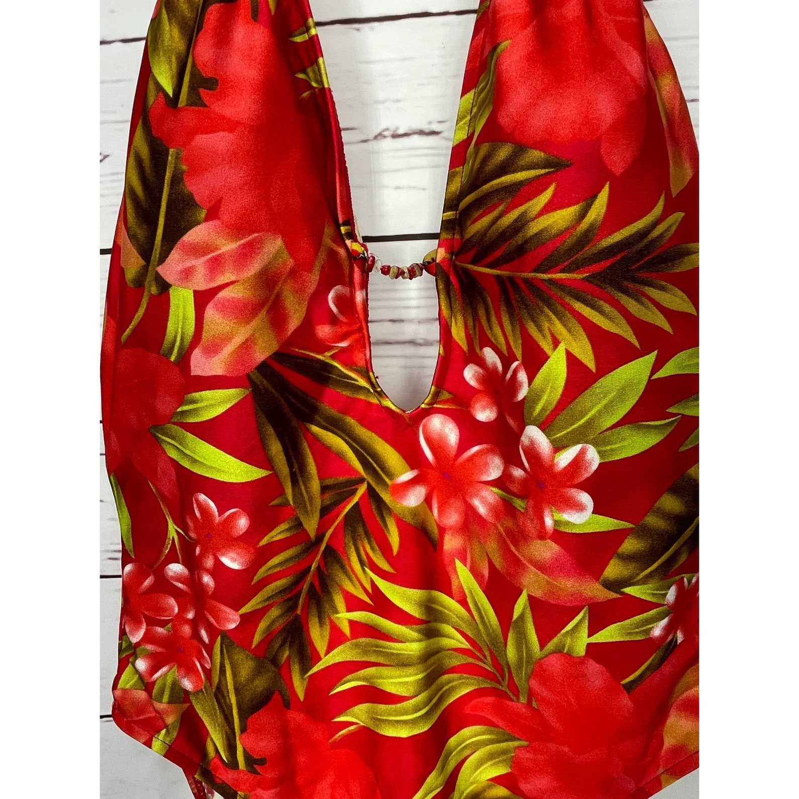 Women's Liquid BLUE Red Green Hawaiian Tropical Floral Halter One Piece ...