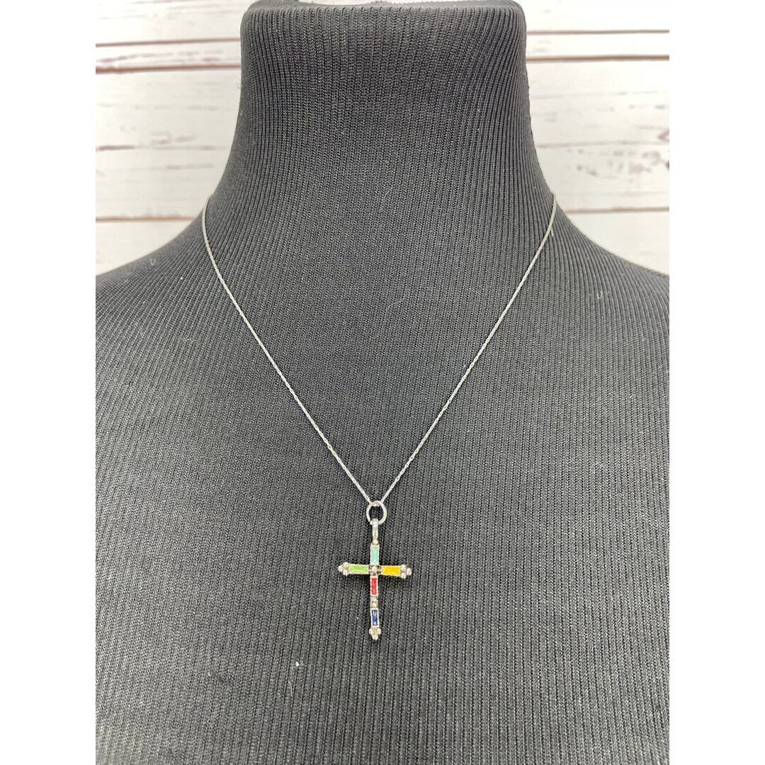 Hand Painted Multi Colored Silver Cross Pendant Necklace - Etsy