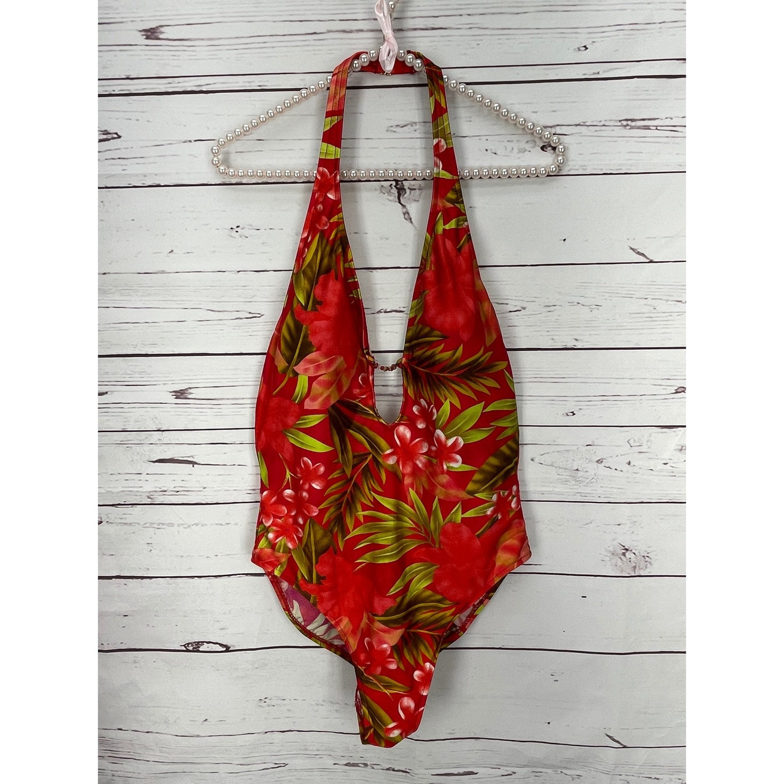 Women's Liquid BLUE Red Green Hawaiian Tropical Floral Halter One Piece ...