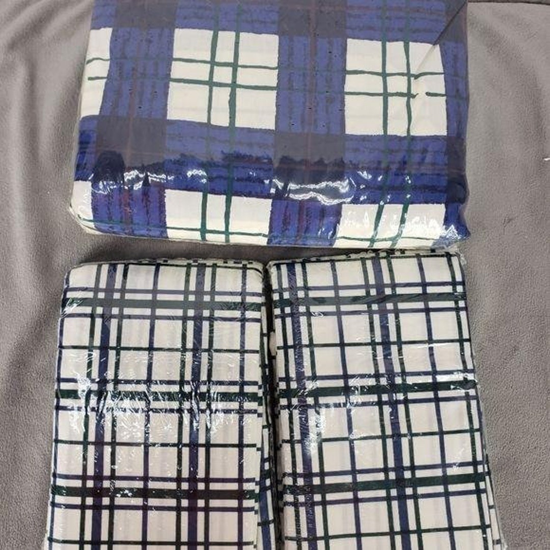 West Point Stevens Fitted King Plaid Vintage Sheet Set Blue White ...