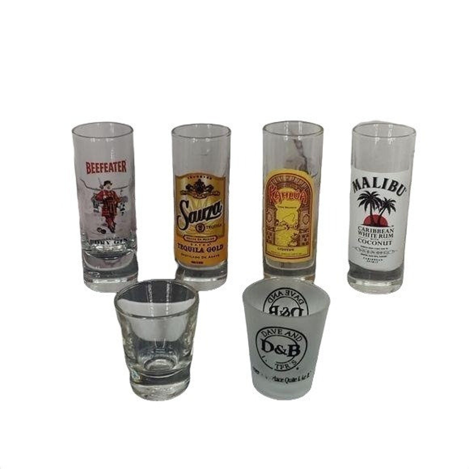 Shot Glass Lot of 6 Malibu Dave Busters Beefeater Mixed Lot Bar Keeper ...