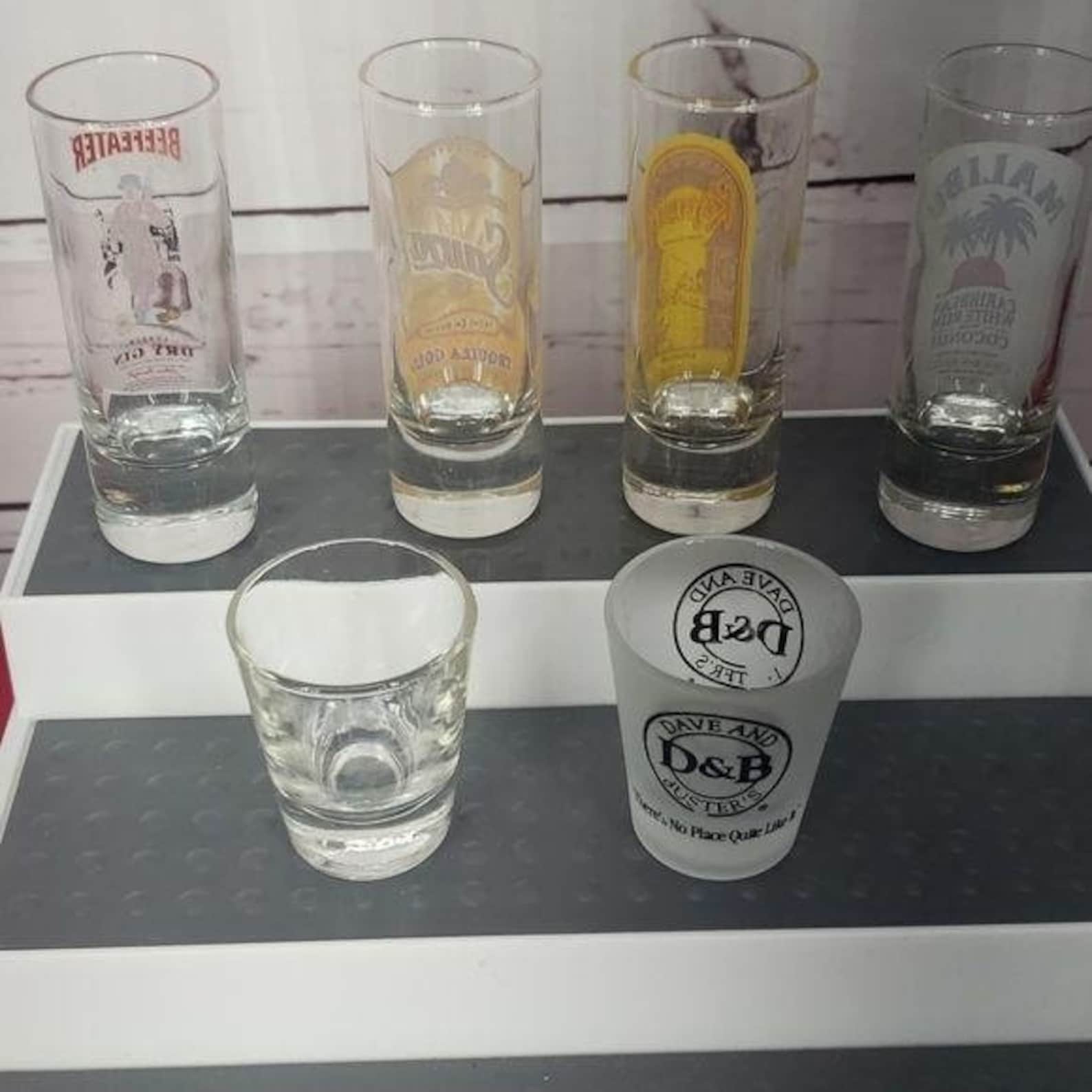Shot Glass Lot of 6 Malibu Dave Busters Beefeater Mixed Lot Bar Keeper ...