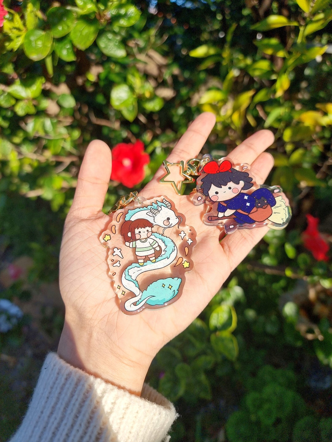 Girl With Black Cat on Broom Keychain Girl With Dragon Acrylic Charm ...