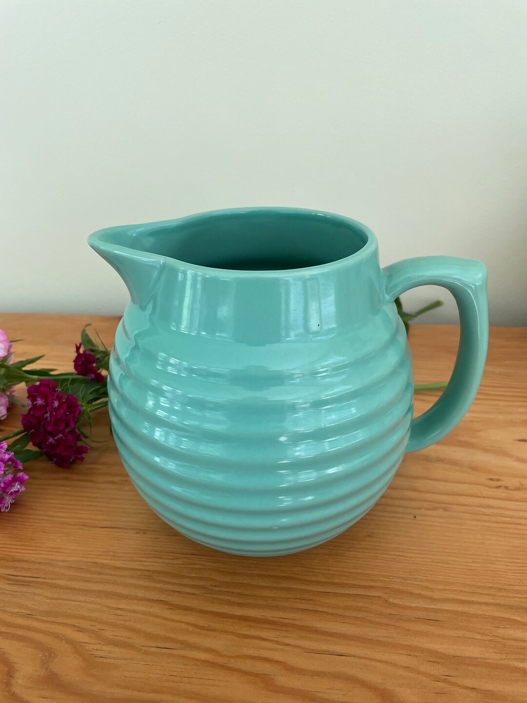 Vintage Over and Back Yellow Ware Pottery Beehive Pitcher Mint Green - Etsy