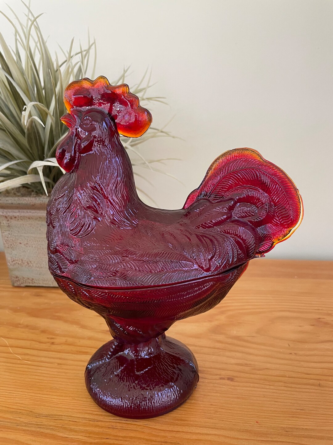Vintage RED AMBERINA Glass Rooster Chicken Covered Candy Dish - Etsy