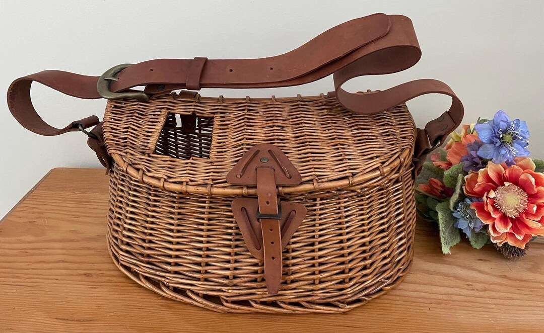 Vintage White River Wicker Creel Fly Fishing Basket With Leather Strap ...