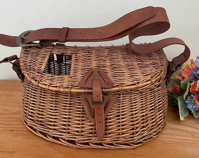 Vintage White River Wicker Creel Fly Fishing Basket With Leather Strap ...