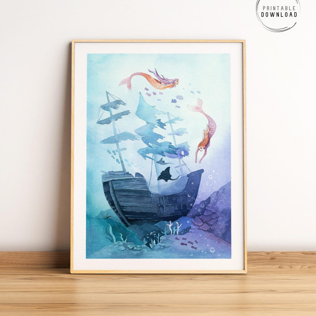 Mermaids Fantasy Wall Art, Shipwreck Underwater Watercolor Illustration ...
