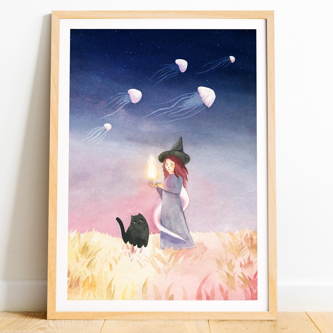 Witch and Black Cat Familiar Print, Flying Jellyfish Magical Art ...