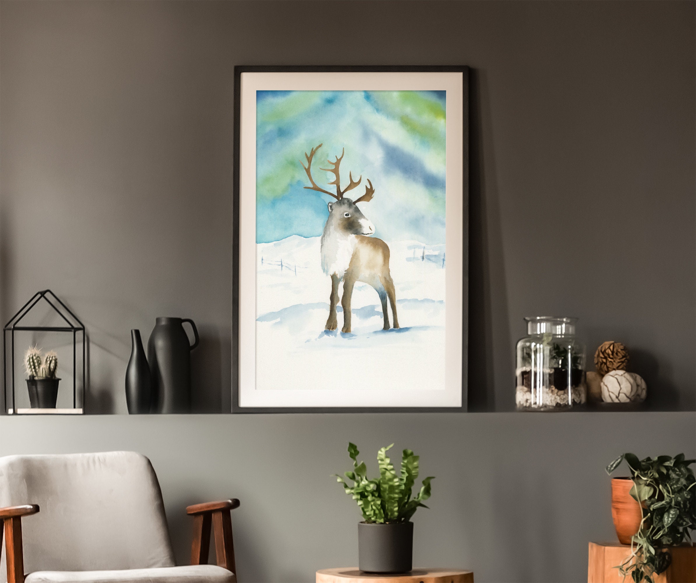Reindeer Northern Lights Watercolor Printable Wall Art - Etsy