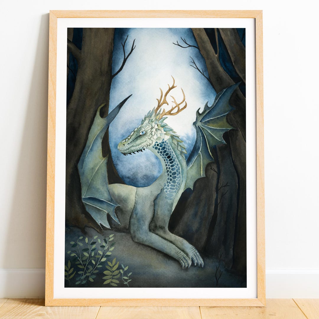 Forest Dragon Print, Mythical Creature Watercolor Illustration, Green ...