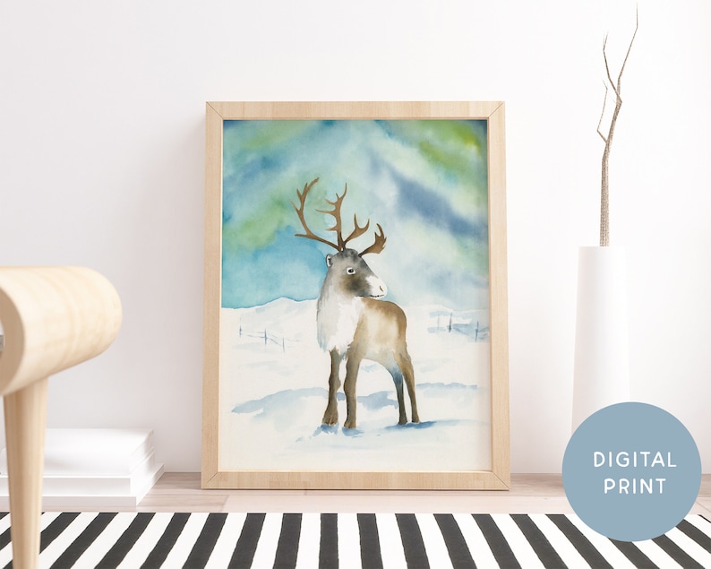 Reindeer Northern Lights Watercolor Print: Nordic Christmas Decor ...