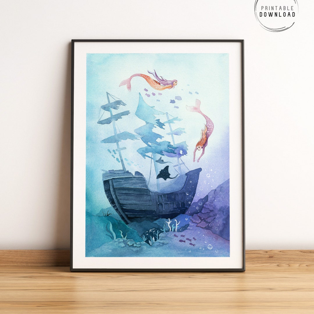 Mermaids Fantasy Wall Art, Shipwreck Underwater Watercolor Illustration ...
