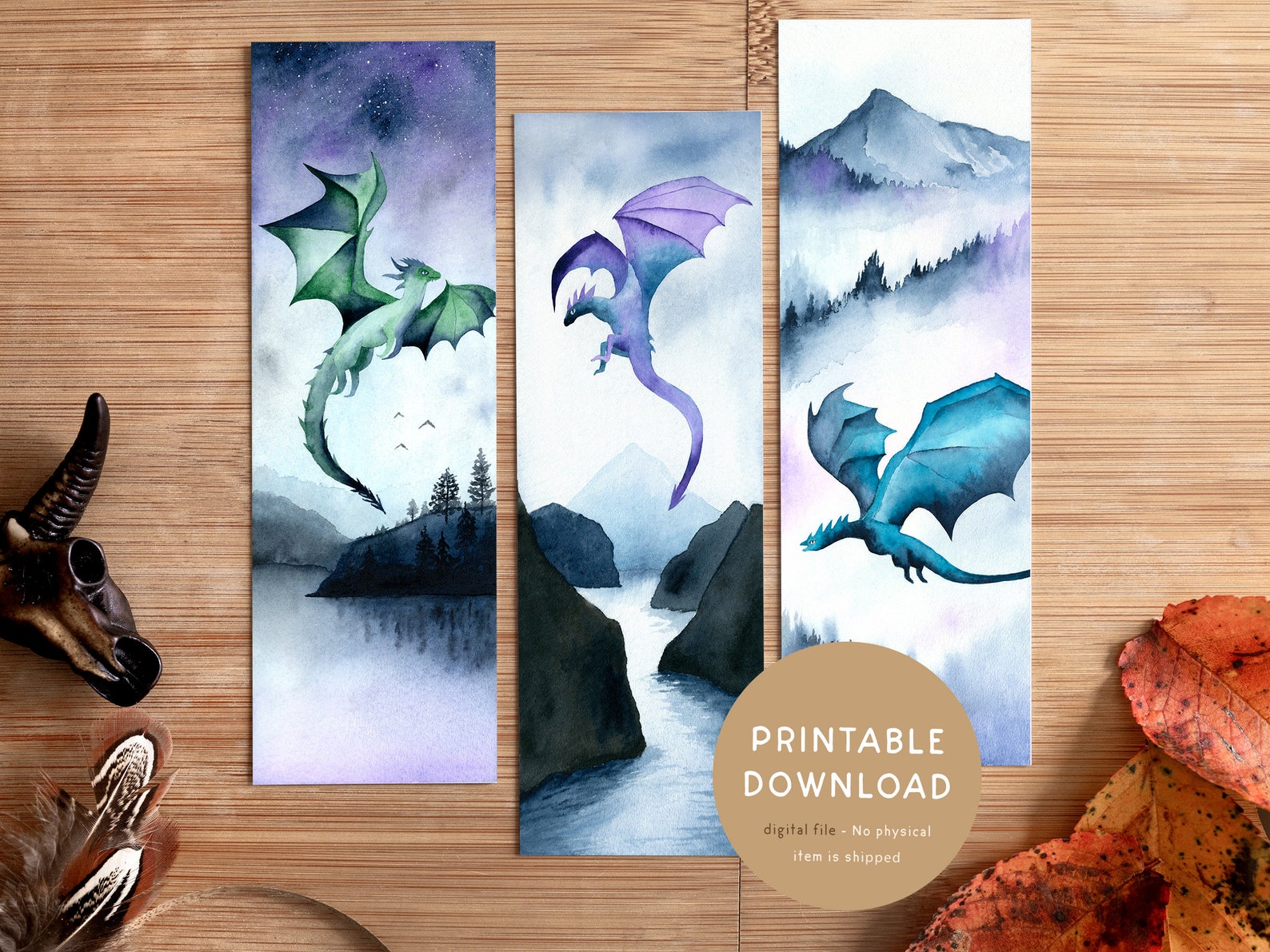 Dragon Bookmarks Fantasy Watercolor Bookmarks Set of 3 - Etsy