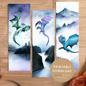 Dragon Bookmarks, Fantasy Watercolor Bookmarks, Set of 3 Printable ...
