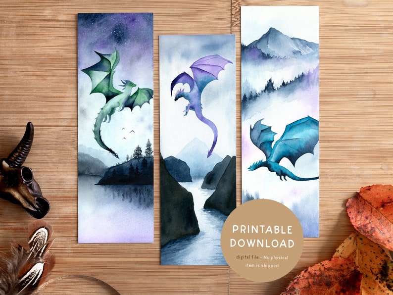 Dragon Bookmarks Fantasy Watercolor Bookmarks Set of 3 - Etsy