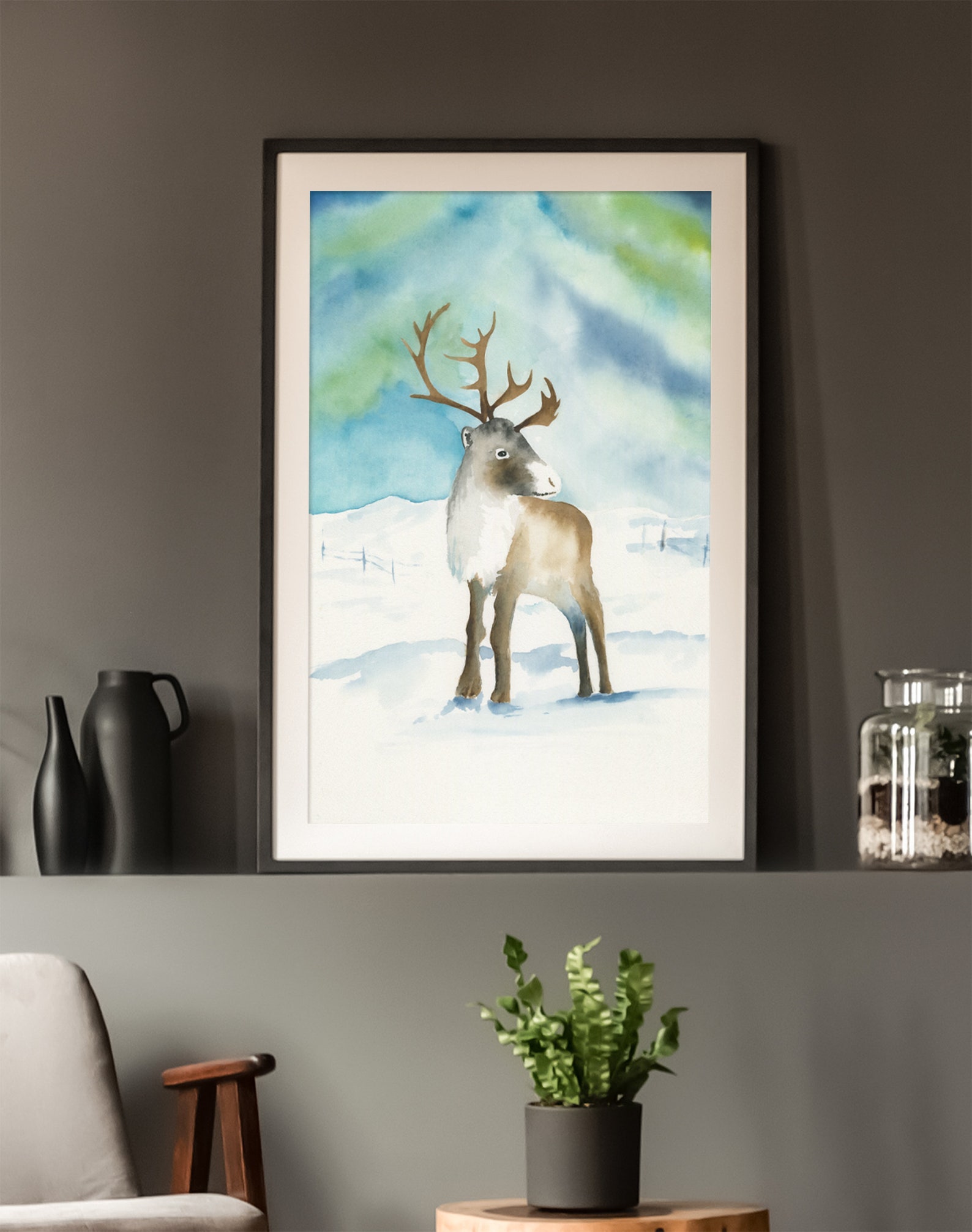 Reindeer Northern Lights Watercolor Printable Wall Art Aurora Borealis ...